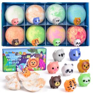 fun little toys bath bombs for kids with toys inside - set of 8 organic bubble bath fizzies with animal toys. bubble bath fizzies toys for kids. birthday, easter basket, gifts for kids