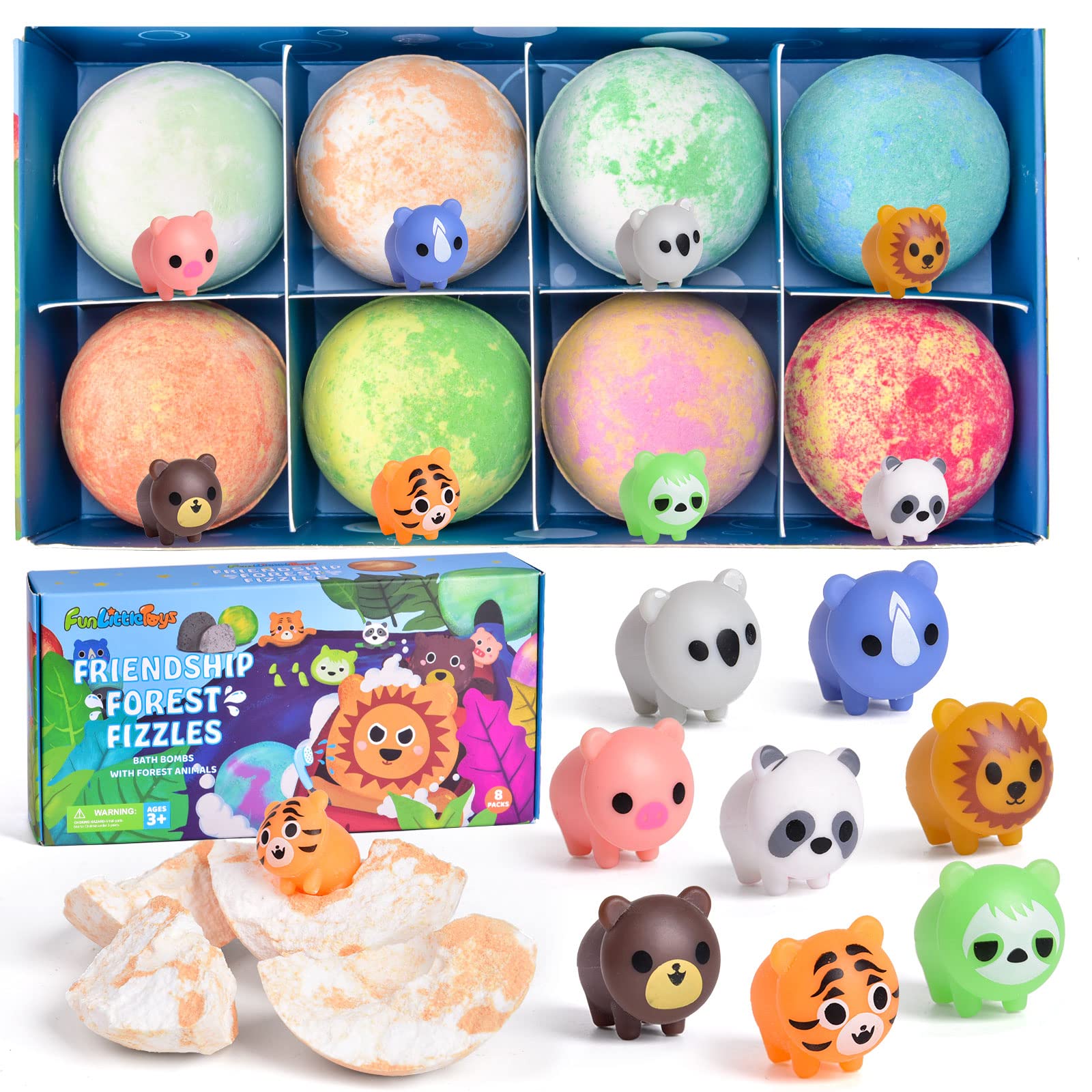 Fun Little Toys Bath Bombs for Kids with Toys Inside - Set of 8 Organic Bubble Bath Fizzies with Animal Toys. Bubble Bath Fizzies Toys for Kids. Birthday, Easter Basket, Gifts for Kids