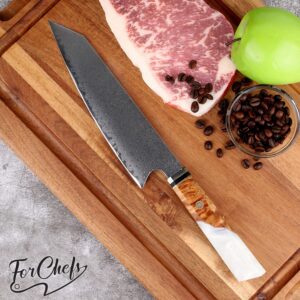 Kiritsuke Chef Knife 8'' ForChefs - 67 Layers Ultra-Sharp Damascus Steel Blade and White Wood Handle, KRT-002