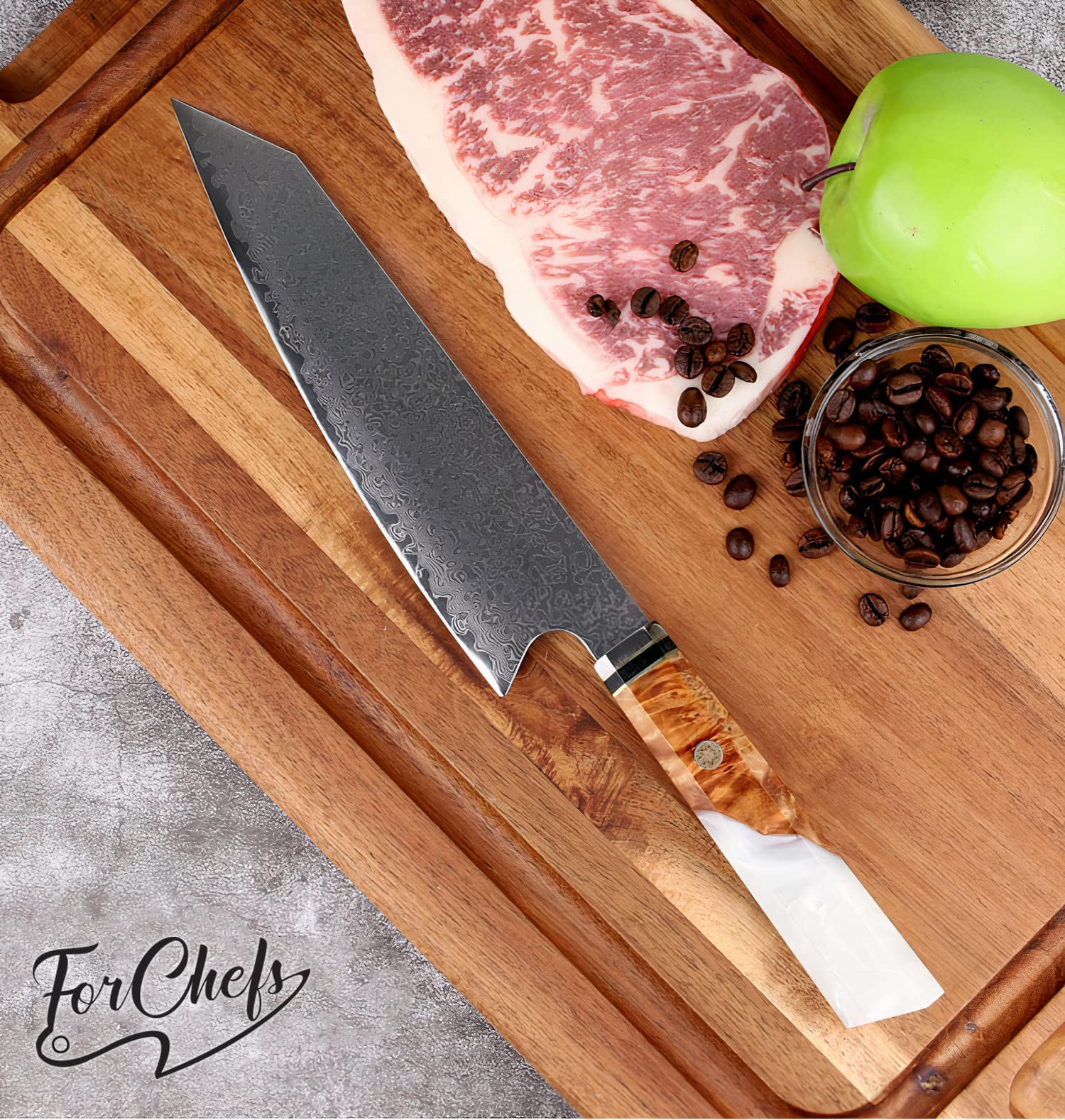 Kiritsuke Chef Knife 8'' ForChefs - 67 Layers Ultra-Sharp Damascus Steel Blade and White Wood Handle, KRT-002