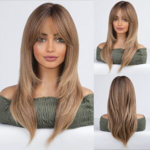 alanhair long ombre brown wigs for women,haircube layered synthetic wig with bangs heat resistant fiber