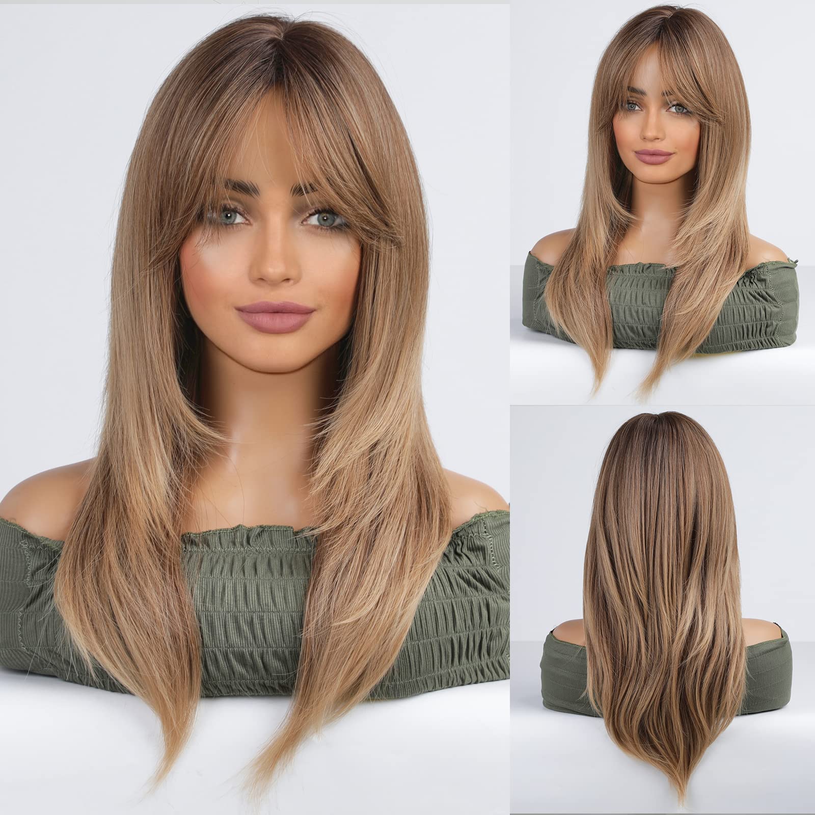 Alanhair Long Ombre Brown Wigs for Women,HAIRCUBE Layered Synthetic Wig with Bangs Heat Resistant Fiber