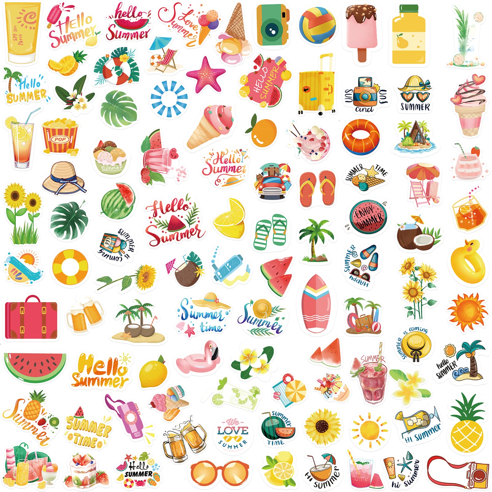 Summer Stickers for Water Bottles Waterproof Vinyl Beach Stickers for Kids Tropical Hawaiian Decals for Laptop Envelope Seals 100Pcs