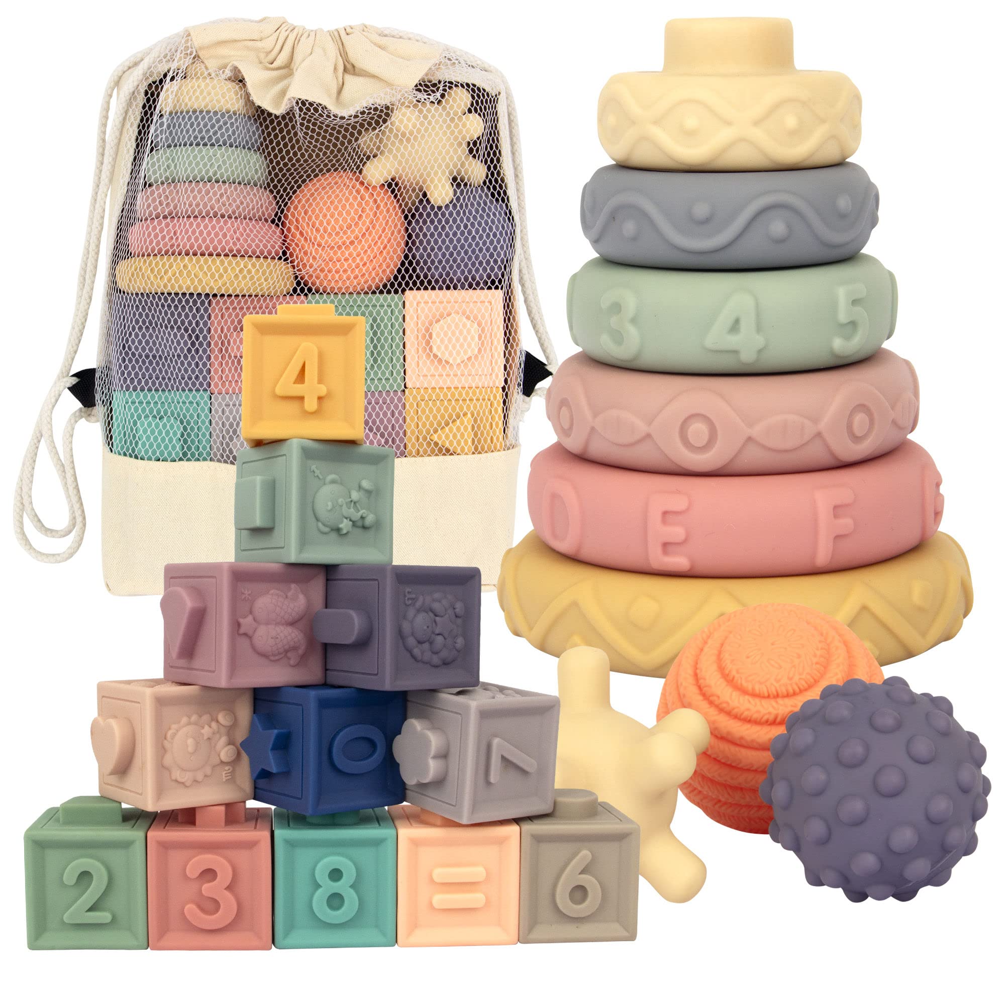 21PCS Montessori Toys for Babies,Teething Toys for Babies Months, 6 Months+, Early Educational Learning Stacking Tower, Sensory for Toddlers 1-3, Soft Rings Stacker & Teethers