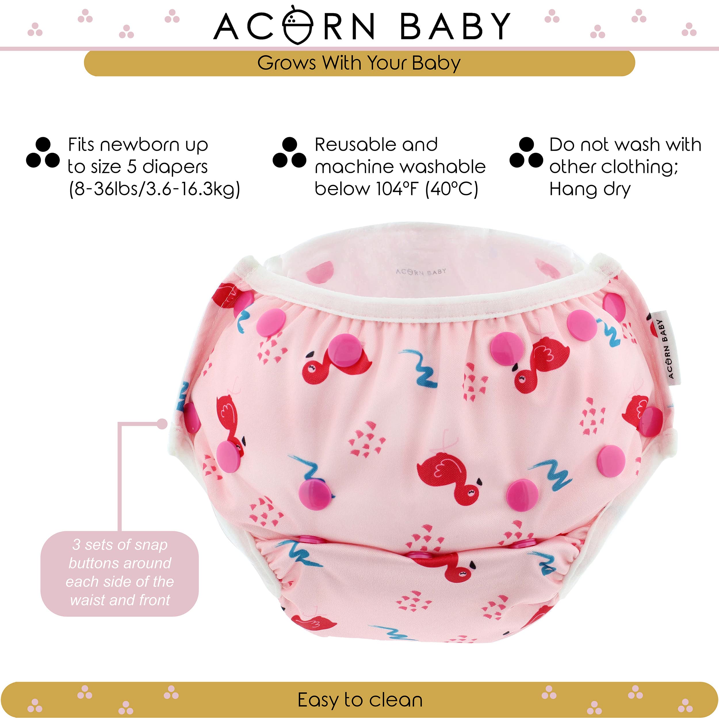 Acorn Baby Swim Diaper - Pink Flamingo Size 0-5 Adjustable Toddler and Baby Swimming Diaper Reusable Swimmers