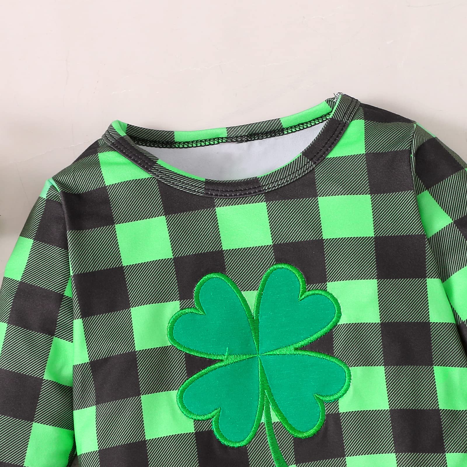 Toddler Girl St. Patrick's Day Clothes Kid Girl Plaid Four Leaf Clover Knitted T-Shirt Top + Flared Pants Spring Outfit (Green- C, 5-6 Years)