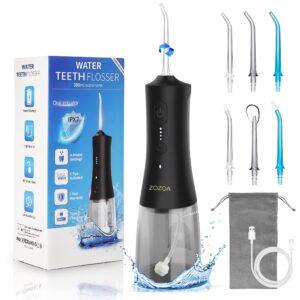 zozoa cordless water dental flosser, 4 mode oral irrigator, portable rechargeable teeth cleaner, ipx7 waterproof, 6 replacement jet tips, 300ml water flosser for teeth cleaning braces, black