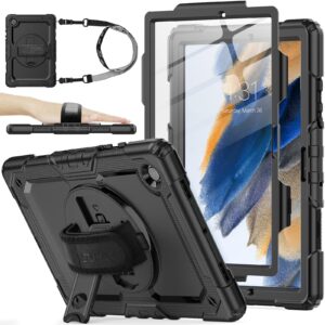 seymac stock case for samsung galaxy tab a8 10.5'', full-body drop protection case with screen protector pencil holder [360° rotating hand strap] &stand, black