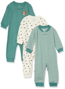 amazon essentials unisex babies' cotton footless zip-front sleep and play, pack of 3, light green/strawberries/stripe, 6-9 months