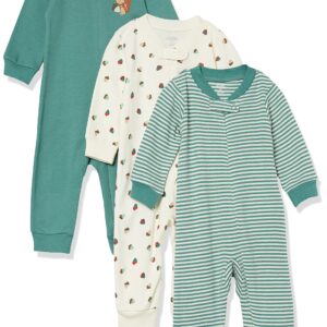 Amazon Essentials Unisex Babies' Cotton Footless Zip-Front Sleep and Play, Pack of 3, Light Green/Strawberries/Stripe, 6-9 Months