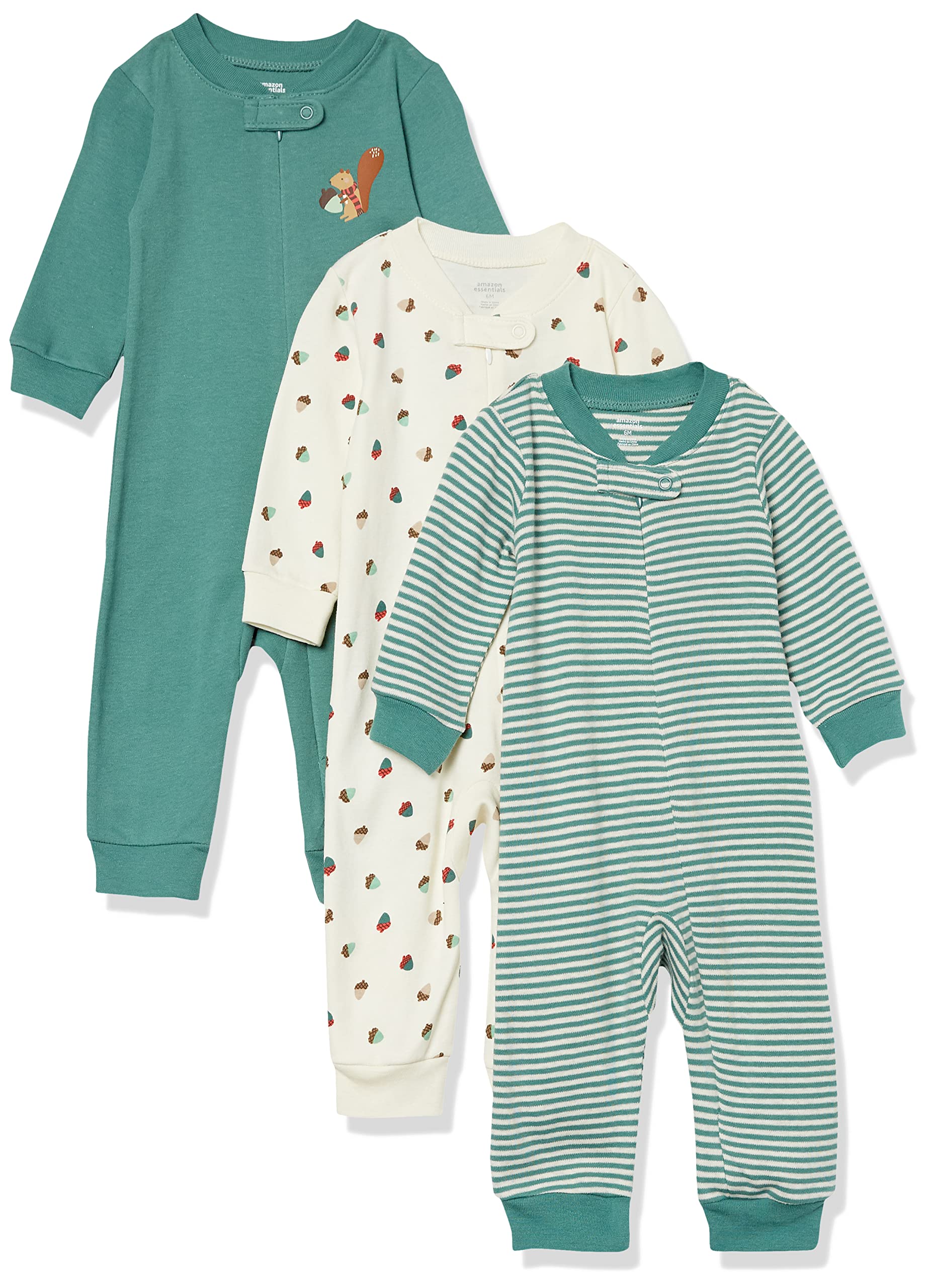 Amazon Essentials Unisex Babies' Cotton Footless Zip-Front Sleep and Play, Pack of 3, Light Green/Strawberries/Stripe, 6-9 Months