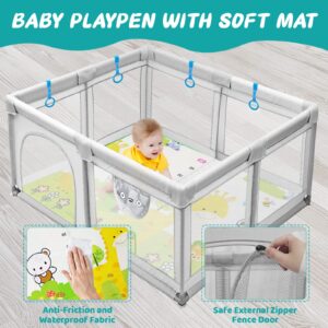 Baby Playpen, Playpen for Babies and Toddlers, Indoor & Outdoor Playard Kids Activity Center with Mat, Anti-Slip Base, Sturdy Safety Baby Playpen with Gate 50''x 50''x 27'' (Light Grey)