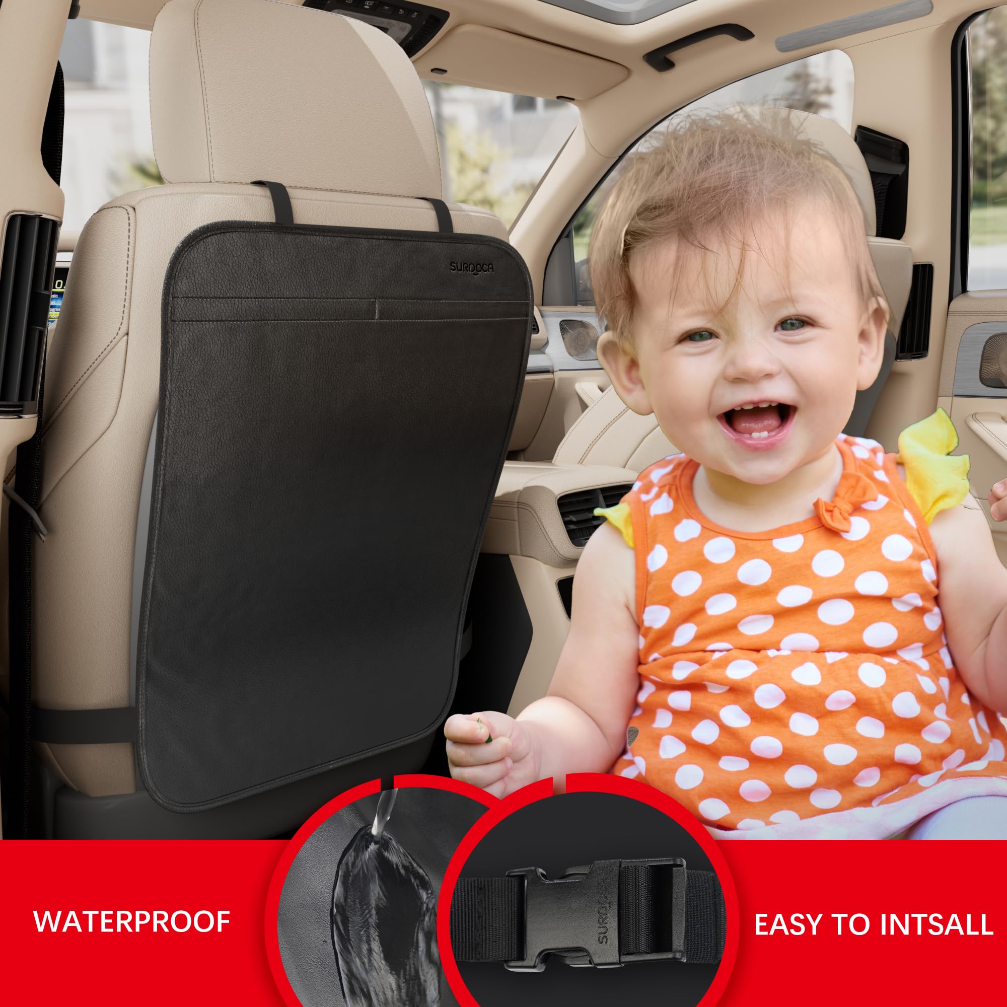 SURDOCA Kick Mats Back Seat Protector for Kids, Leather Car Back Seat Cover for Child, Offers Waterproof Protection of Car Seat Back from Dirt, Mud, Scratches