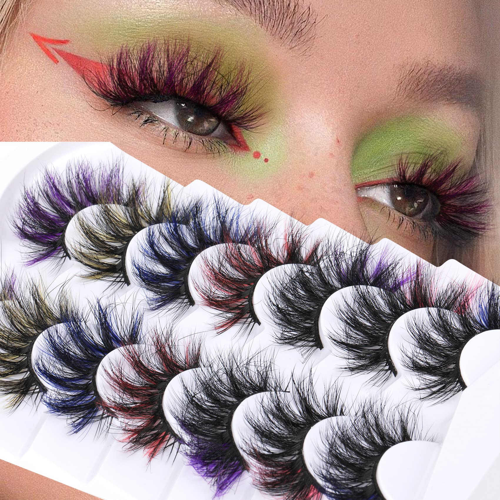 Colored Lashes Colorful Eyelashes Fluffy Mink Lashes with Color End 5D Full Lashes Strip Pink Dramatic Color Lashes Pack False Eyelashes 7 Pairs by Goddvenus