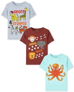 the children's place baby boys and toddler short sleeve graphic t- 3-pack t shirt, animal tracks/ octopus/ spots stripes, 5t us