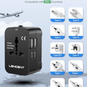 LENCENT International Travel Adapter, Worldwide All in One Universal Power Wall Charger AC Power Plug Adapter with 2 USB Charging Ports for USA EU UK AUS Cell Phone Laptop Tablets