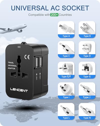 LENCENT International Travel Adapter, Worldwide All in One Universal Power Wall Charger AC Power Plug Adapter with 2 USB Charging Ports for USA EU UK AUS Cell Phone Laptop Tablets