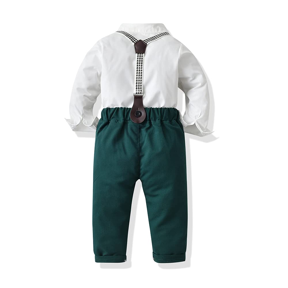 HIMEAN Baby Toddler Boys Gentleman Outfits Long Sleeve Bowtie Dress Shirts + Suspender Pants Suits Clothes Sets(Green, 70/6-12 Months)