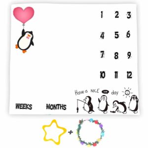 penguin baby monthly milestone blanket, 48x40in soft flannel, red love heart, newborn mom gifts, baby shower age growth tracker with bonus maker btyyss31