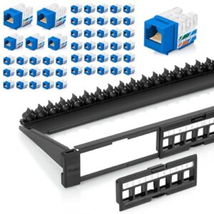 everest media solutions bundle – 2 items: 24-port keystone patch panel + 50 pack of rj45 cat6a keystone jacks - blue