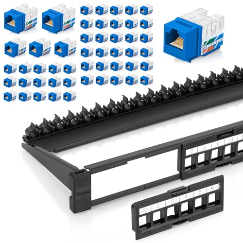 Everest Media Solutions Bundle – 2 Items: 24-Port Keystone Patch Panel + 50 Pack of RJ45 CAT6A Keystone Jacks - Blue