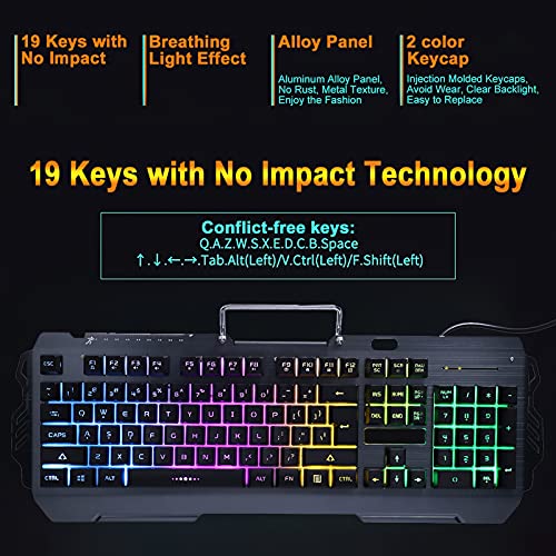 ciciglow Mechanical Gaming Keyboard, 104 Keys Aluminum Alloy Panel USB Wired Keyboard with RGB Backlit Hand Rest for Computer Laptop, 2 Colors Injection Colorful Light LED Control