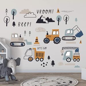 mulaibdin 37 pcs cartoon bulldozer digger wall stickers, adorable baby boys room decor, hand-painted style crane truck wall decals for bedroom nursery, construction wall murals peel and stick (37pcs)