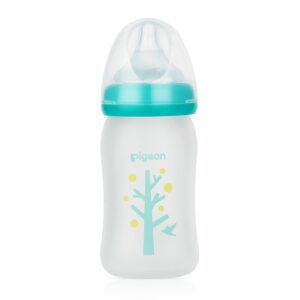 pigeon silicone coating (glass inside/silicone outside) nursing bottle, tree, blue, wide neck, natural feel, easy to clean, heat-resistant, 5.4 oz