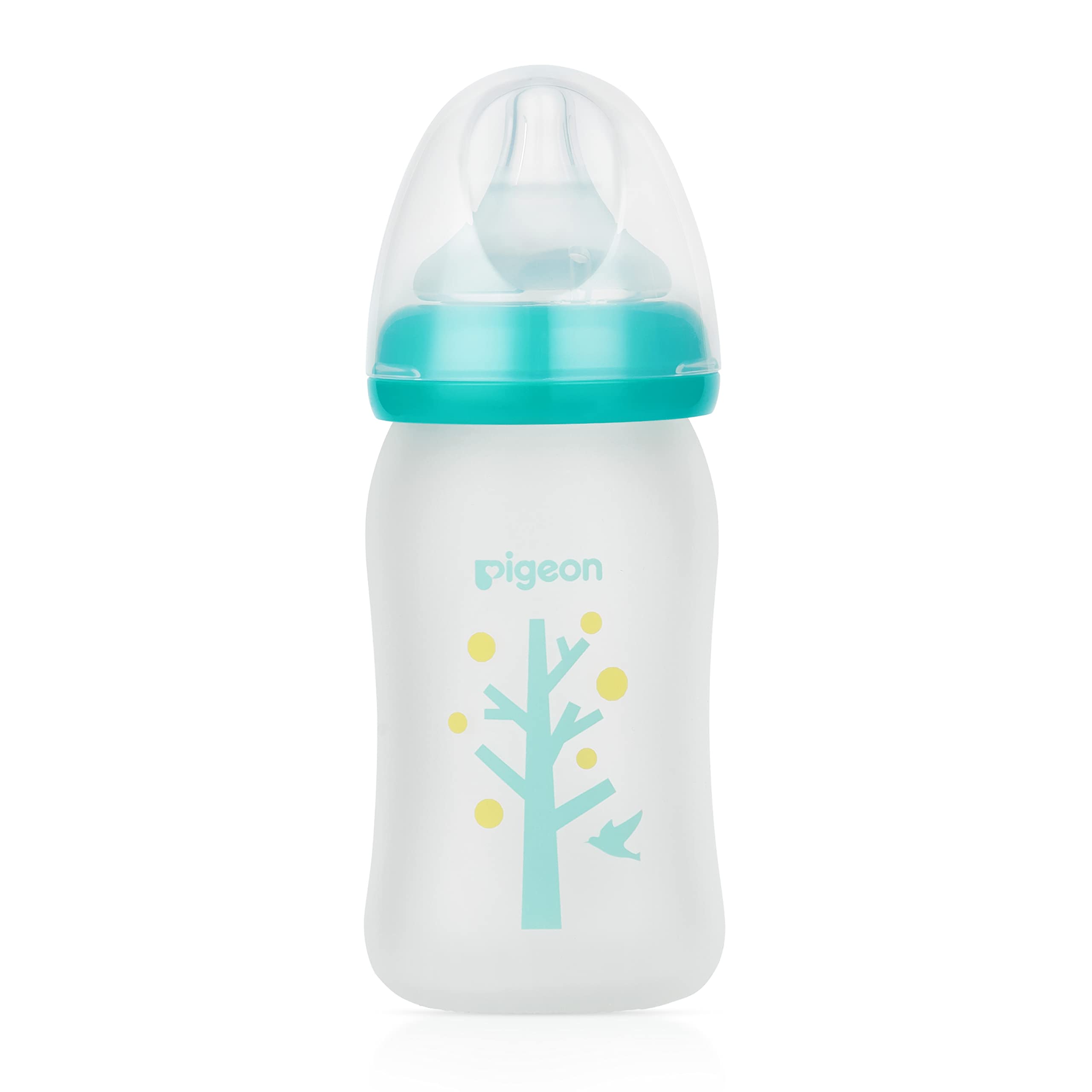 Pigeon Silicone Coating (Glass Inside/Silicone Outside) Nursing Bottle, Tree, Blue, Wide Neck, Natural Feel, Easy to Clean, Heat-Resistant, 5.4 Oz