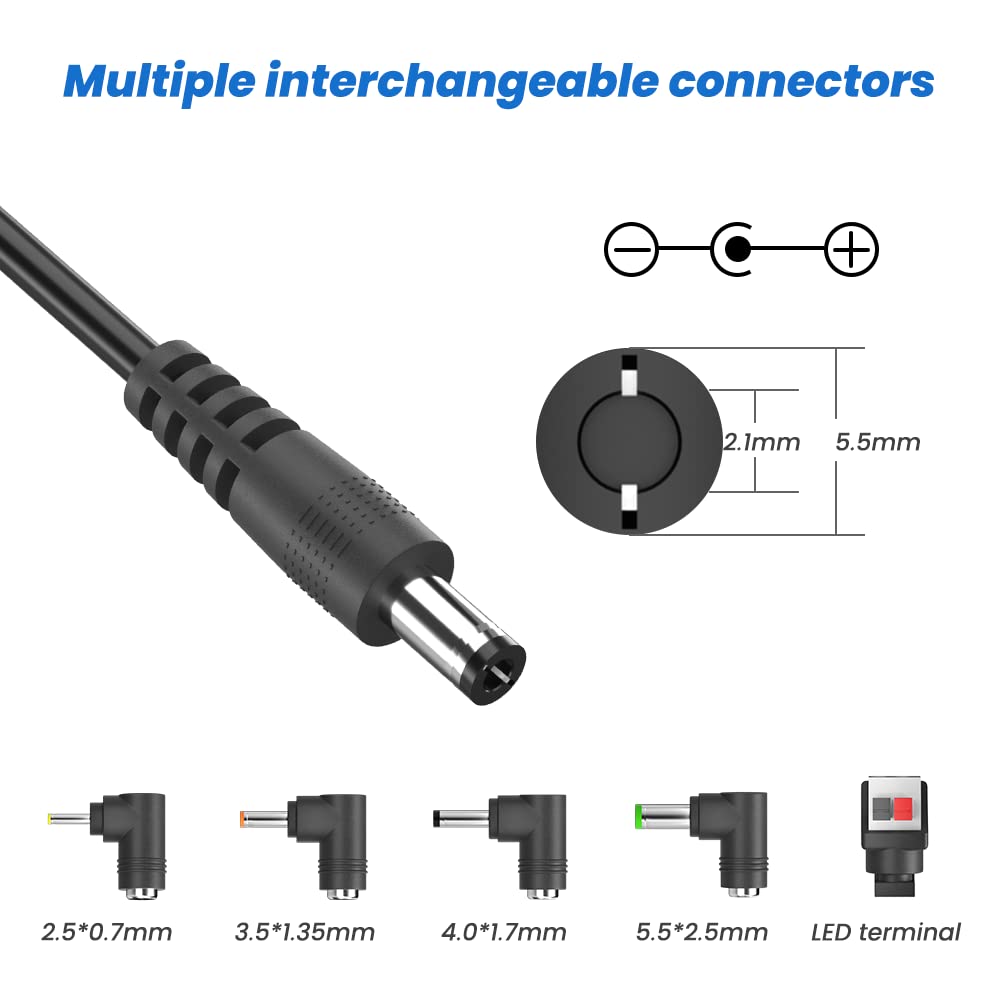 Xwartre 12V Car Charger with 5V Daul USB Ports and 5 Connectors for Radar Detector, LED Light Strip, Portable Air Pump, DVD Player, Monitor, Speaker, Breast Pump (6.6ft Cable)