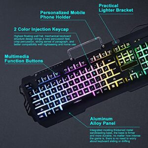 ciciglow Mechanical Gaming Keyboard, 104 Keys Aluminum Alloy Panel USB Wired Keyboard with RGB Backlit Hand Rest for Computer Laptop, 2 Colors Injection Colorful Light LED Control