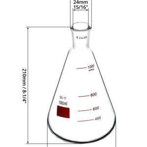 QWORK 1000 mL Borosilicate Glass Erlenmeyer Flask, Thick Wall Flask with 24/40 Outer Joint