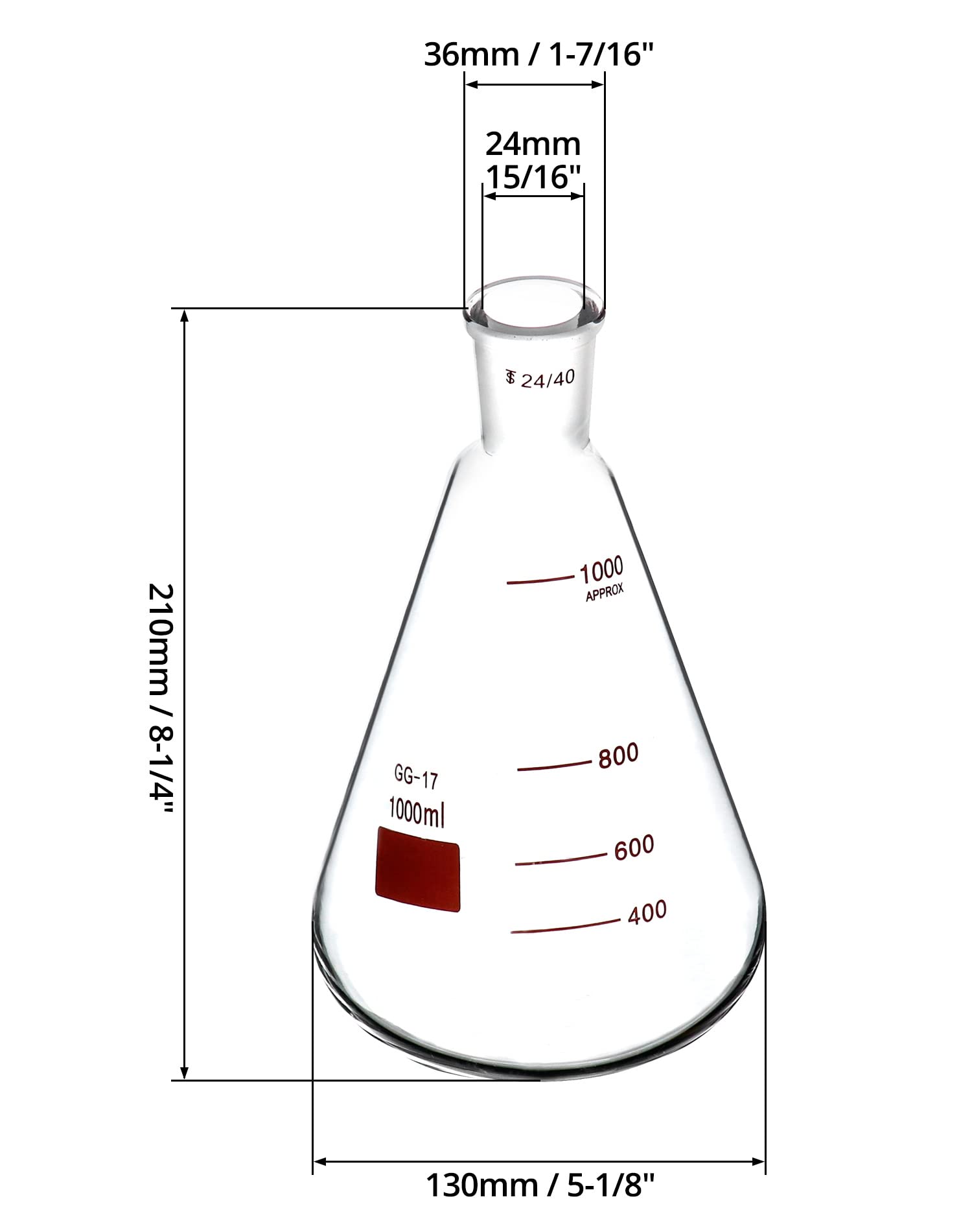 QWORK 1000 mL Borosilicate Glass Erlenmeyer Flask, Thick Wall Flask with 24/40 Outer Joint