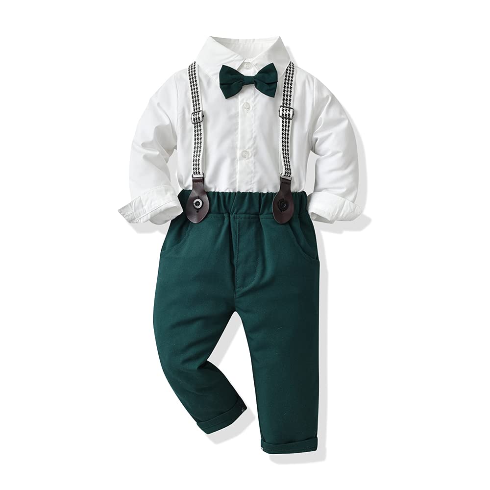 HIMEAN Baby Toddler Boys Gentleman Outfits Long Sleeve Bowtie Dress Shirts + Suspender Pants Suits Clothes Sets(Green, 70/6-12 Months)