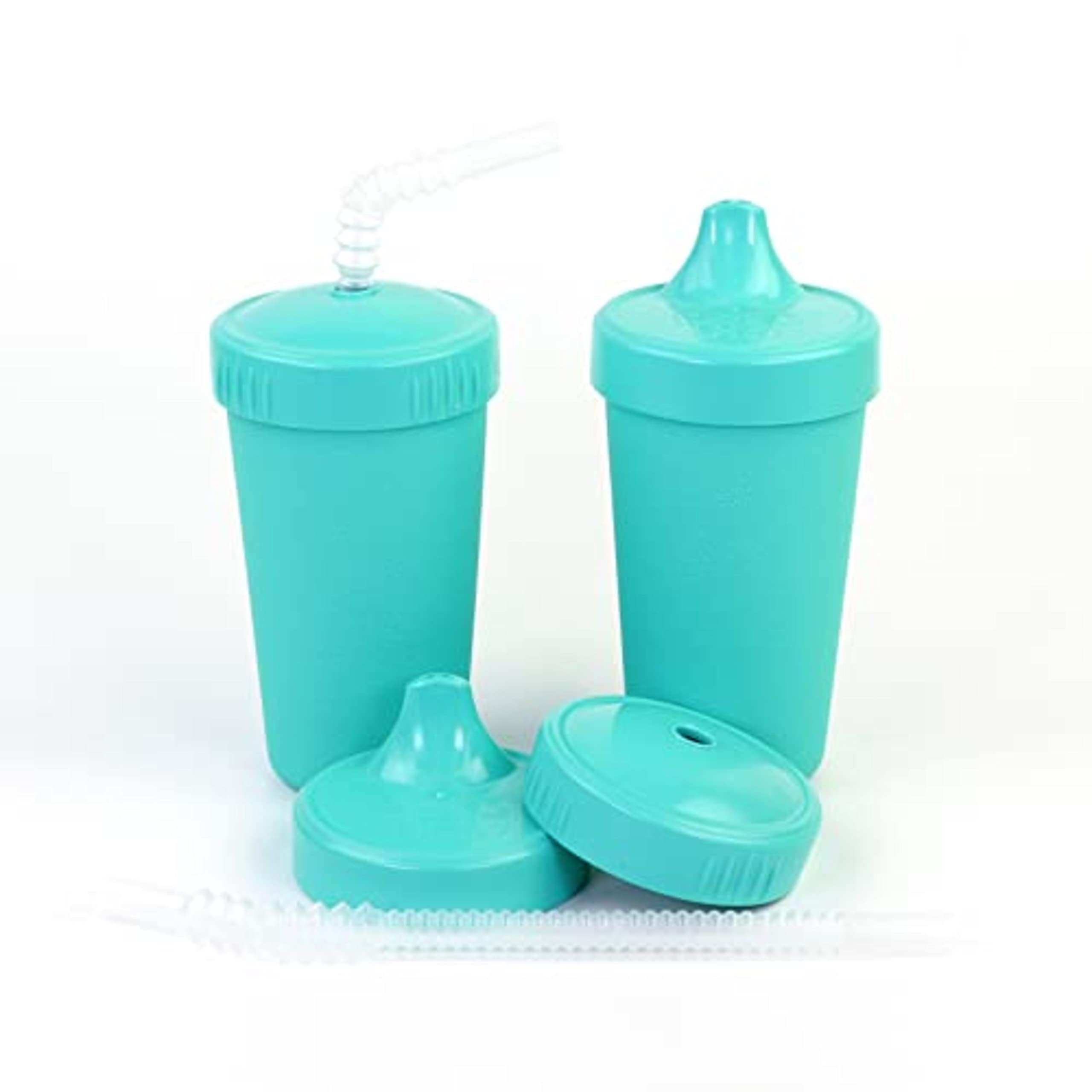 Re-Play Made in USA 2 Convertible Cups for Toddlers with Sippy Cup and Straw Cup Lids - 2 Plastic 10 Oz. Toddler Cups, 2 Hard Sput Sippy Cup Lids, 2 Straw Cup Lids and 2 Bendy Straws - Aqua