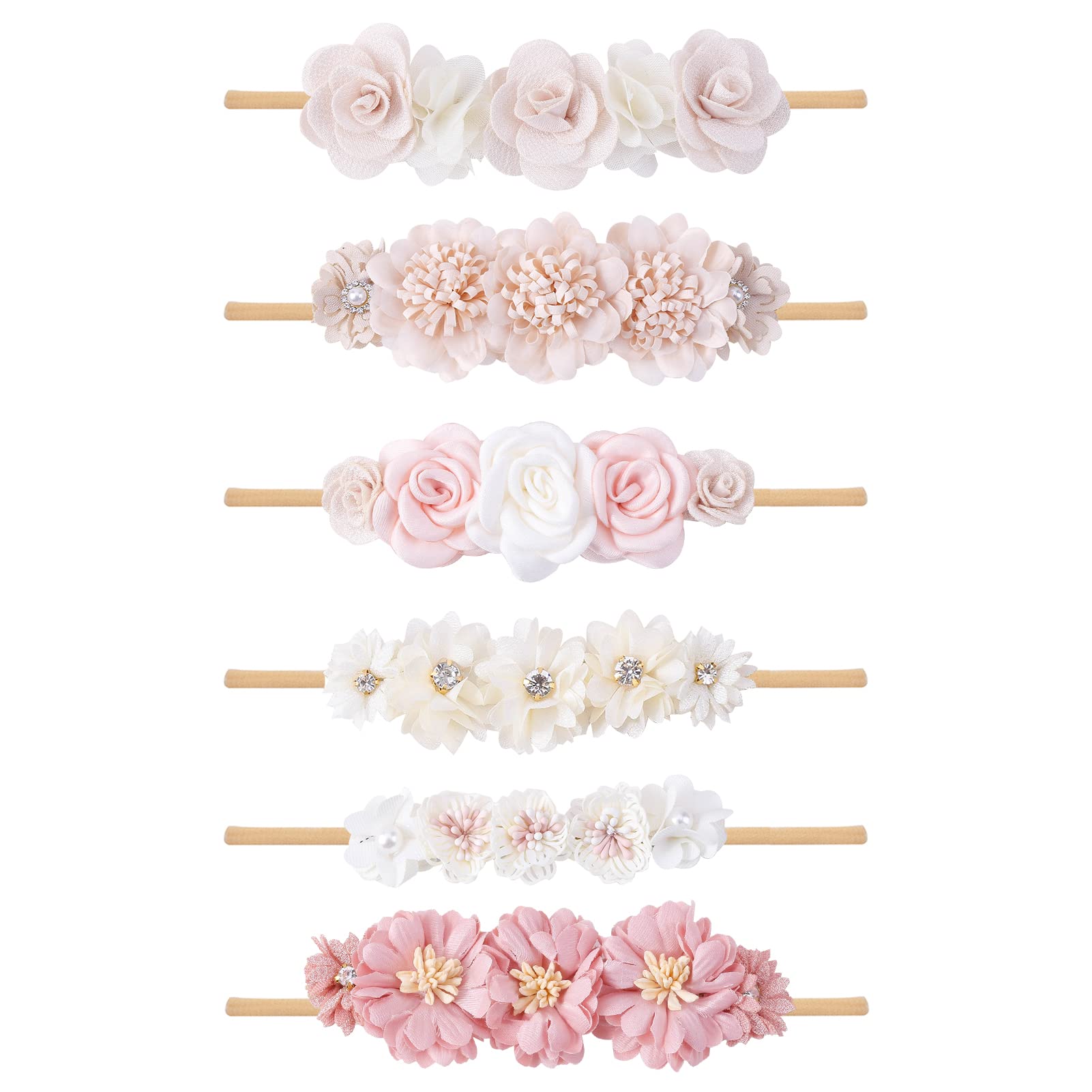 OOSAKU Baby Girl Flower Headbands Set Elastic Floral Headbands 6pcs Soft Nylon Hair Band for Newborn Toddler Hair Accessories