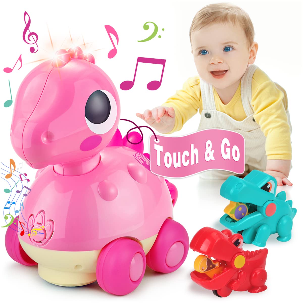 Dreampark Baby Toys 18 Months - Infant Toys 18 Months Baby Crawling Toys 2 Year Old Girl Gifts Touch & Go Musical Light Dinosaur Toy Baby Gifts for 18-24 Months Girls Boys Babies Toddlers Age 2