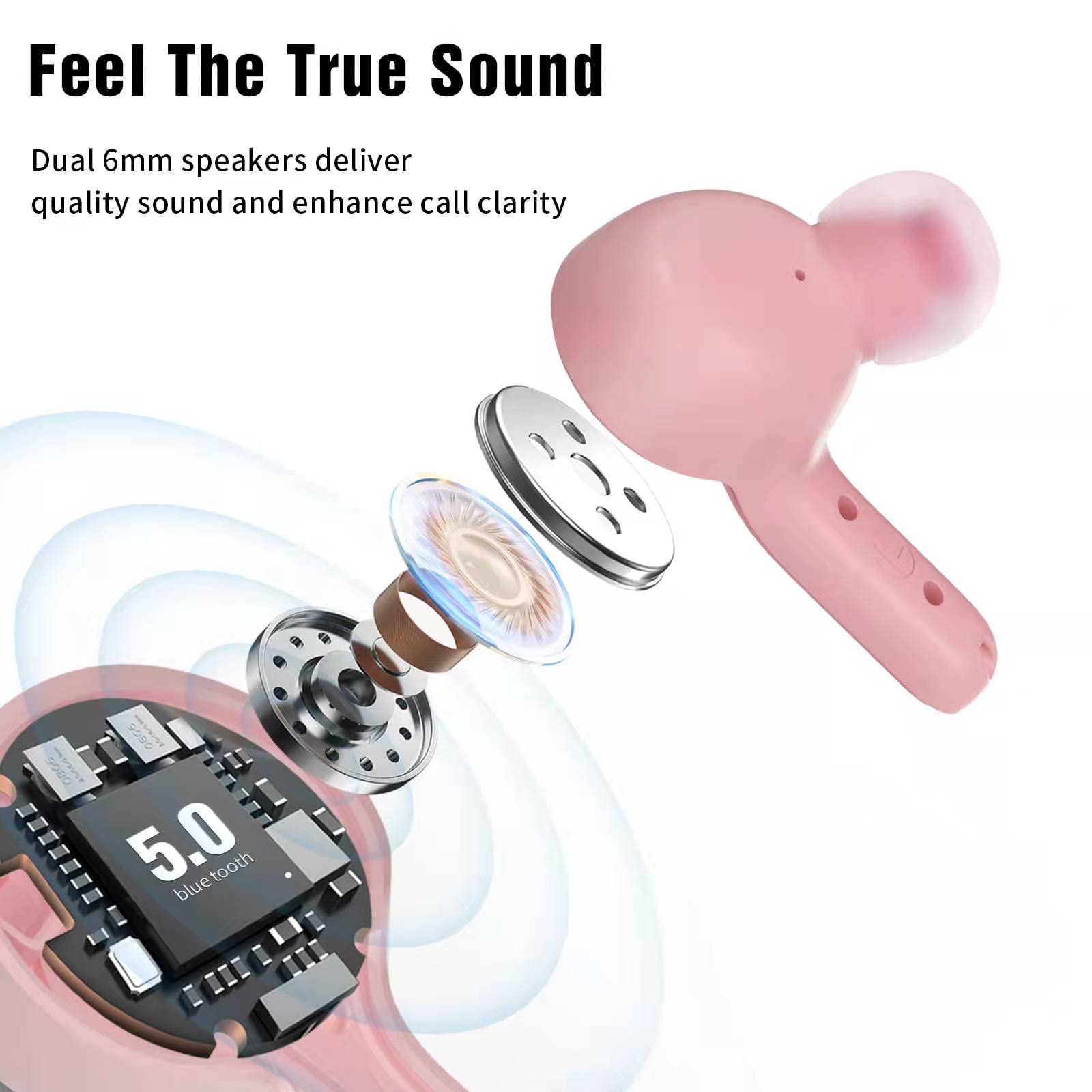 Bluetooth Earphones, Wireless Earbuds with Stereo Sound, Impressive Call Quality and Stereo Sound in-Ear Headphones for Music,Working/Travel/Gym(Pink)