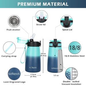 GOPPUS 12 oz Kids Water Bottle with Straw Lid & Spout Lid Vacuum Insulated Stainless Steel Cup Double Wall Kids Metal Water Bottles For School Boys Girls (Blue Navy 2 Lids)