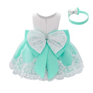 lace girls flower dress baby kids christening formal vintage floral wedding party evening toddler pageant bowknot tutu first communion baptism birthday gown dresses+headwear light green 9-12 months