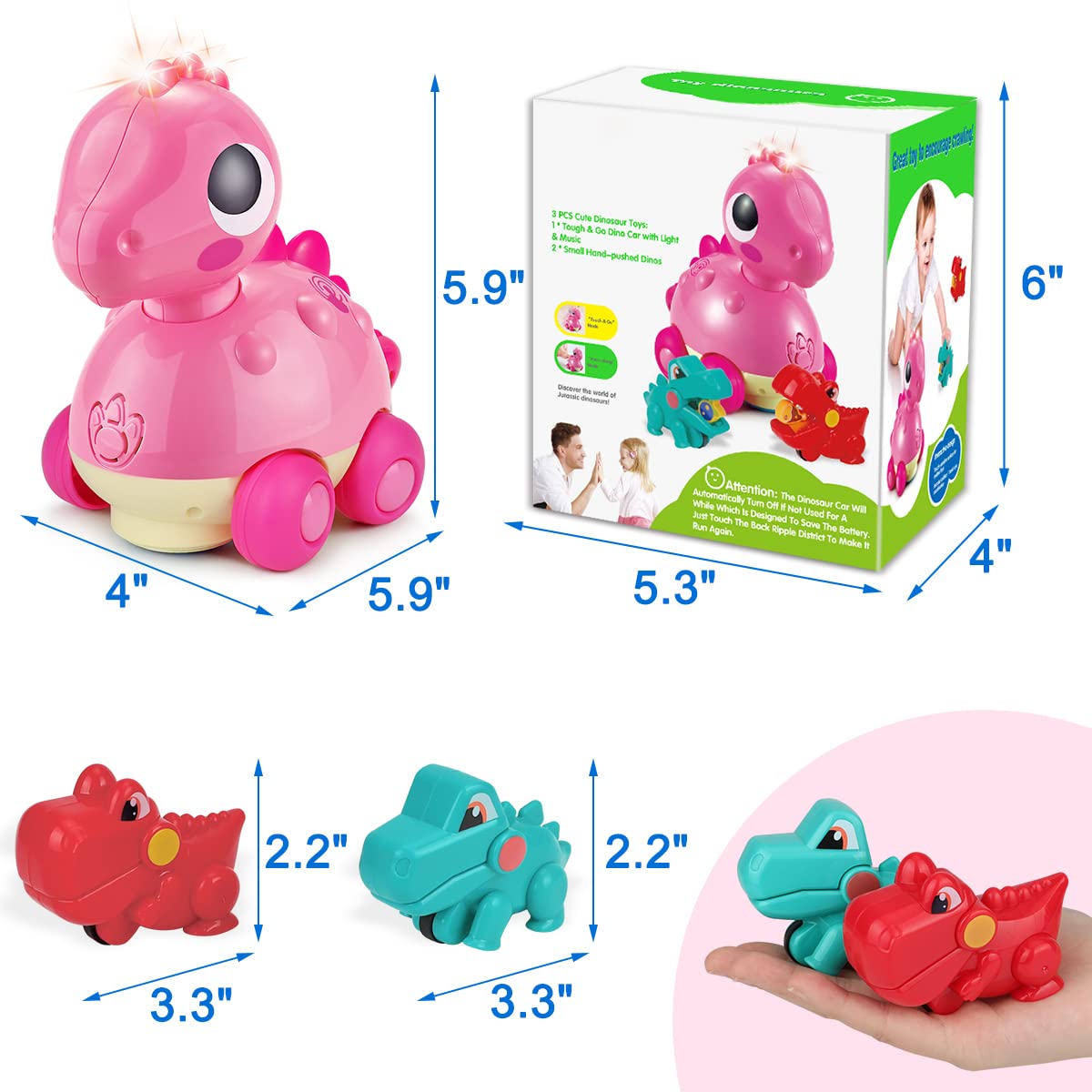 Dreampark Baby Toys 18 Months - Infant Toys 18 Months Baby Crawling Toys 2 Year Old Girl Gifts Touch & Go Musical Light Dinosaur Toy Baby Gifts for 18-24 Months Girls Boys Babies Toddlers Age 2