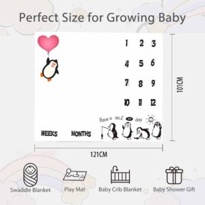 Penguin Baby Monthly Milestone Blanket, 48x40in Soft Flannel, Red Love Heart, Newborn Mom Gifts, Baby Shower Age Growth Tracker with Bonus Maker BTYYSS31