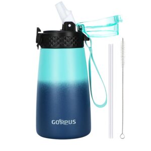 goppus 12 oz kids water bottle with straw lid & spout lid vacuum insulated stainless steel cup double wall kids metal water bottles for school boys girls (blue navy 2 lids)