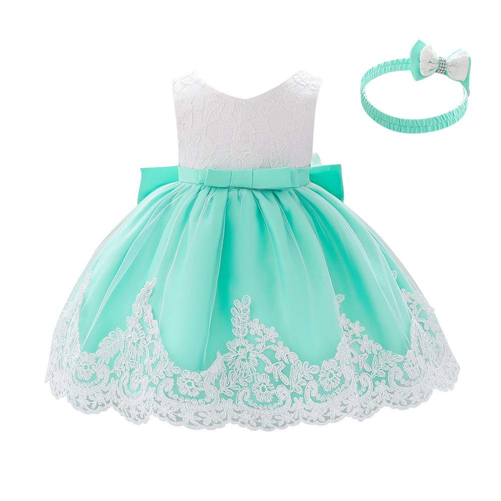 Lace Girls Flower Dress Baby Kids Christening Formal Vintage Floral Wedding Party Evening Toddler Pageant Bowknot Tutu First Communion Baptism Birthday Gown Dresses+Headwear Light Green 9-12 Months