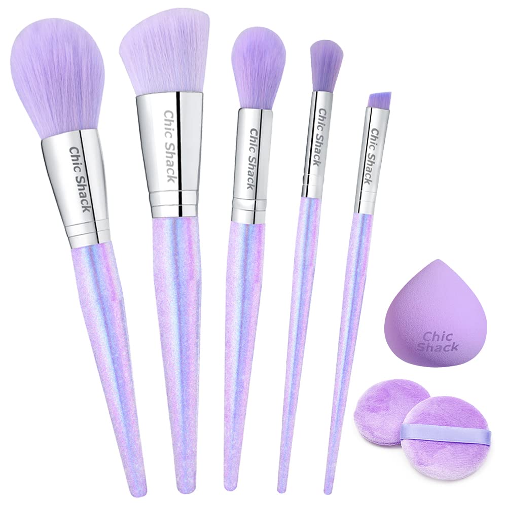 Crystal Makeup Brush Set Aurora Everyday Essentials Makeup Brush Set Face Powder Concealers Blush Eyeshadow Blending Brushes with Makeup Sponge & Powder Puff 7 Pcs