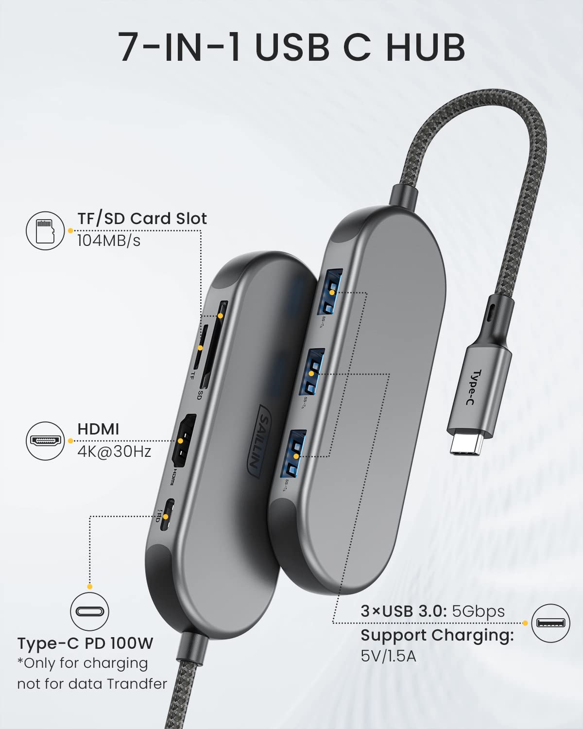 USB C Hub, SAILLIN 7 in 1 USB C Multiport Adapter, Aluminum USB C Dongle with 3 USB 3.0 Ports, 4K HDMI, SD/TF Card Reader, 100W Power Delivery Compatible with MacBook Pro, MacBook Air, iPad Pro, XPS