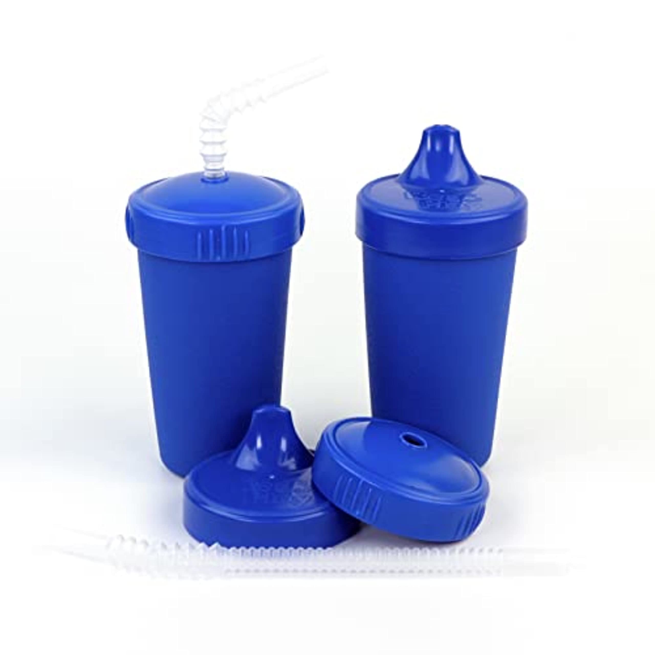 Re-Play Made in USA 2 Convertible Cups for Toddlers with Sippy Cup and Straw Cup Lids - 2 Plastic 10 Oz. Toddler Cups, 2 Hard Sput Sippy Cup Lids, 2 Straw Cup Lids and 2 Bendy Straws - Navy Blue