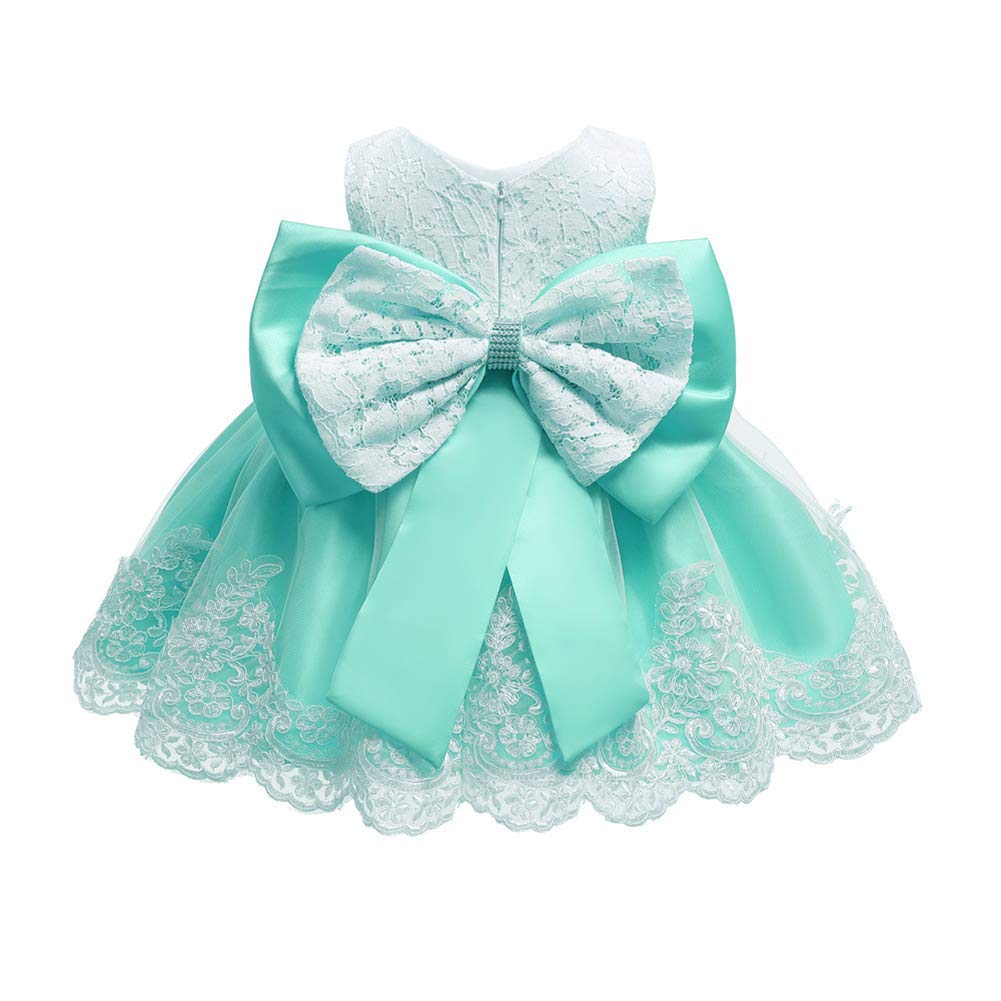 Lace Girls Flower Dress Baby Kids Christening Formal Vintage Floral Wedding Party Evening Toddler Pageant Bowknot Tutu First Communion Baptism Birthday Gown Dresses+Headwear Light Green 9-12 Months