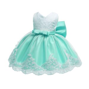 Lace Girls Flower Dress Baby Kids Christening Formal Vintage Floral Wedding Party Evening Toddler Pageant Bowknot Tutu First Communion Baptism Birthday Gown Dresses+Headwear Light Green 9-12 Months