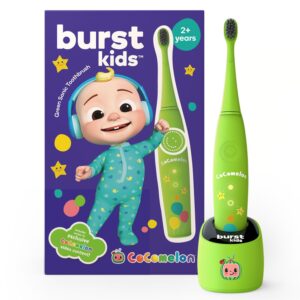 cocomelon x burstkids kids electric toothbrush, soft bristle kid & toddler toothbrush, 2-minute timer, rechargeable battery, easy-grip silicone handle, 2 brush modes, ages 2+, green with jj